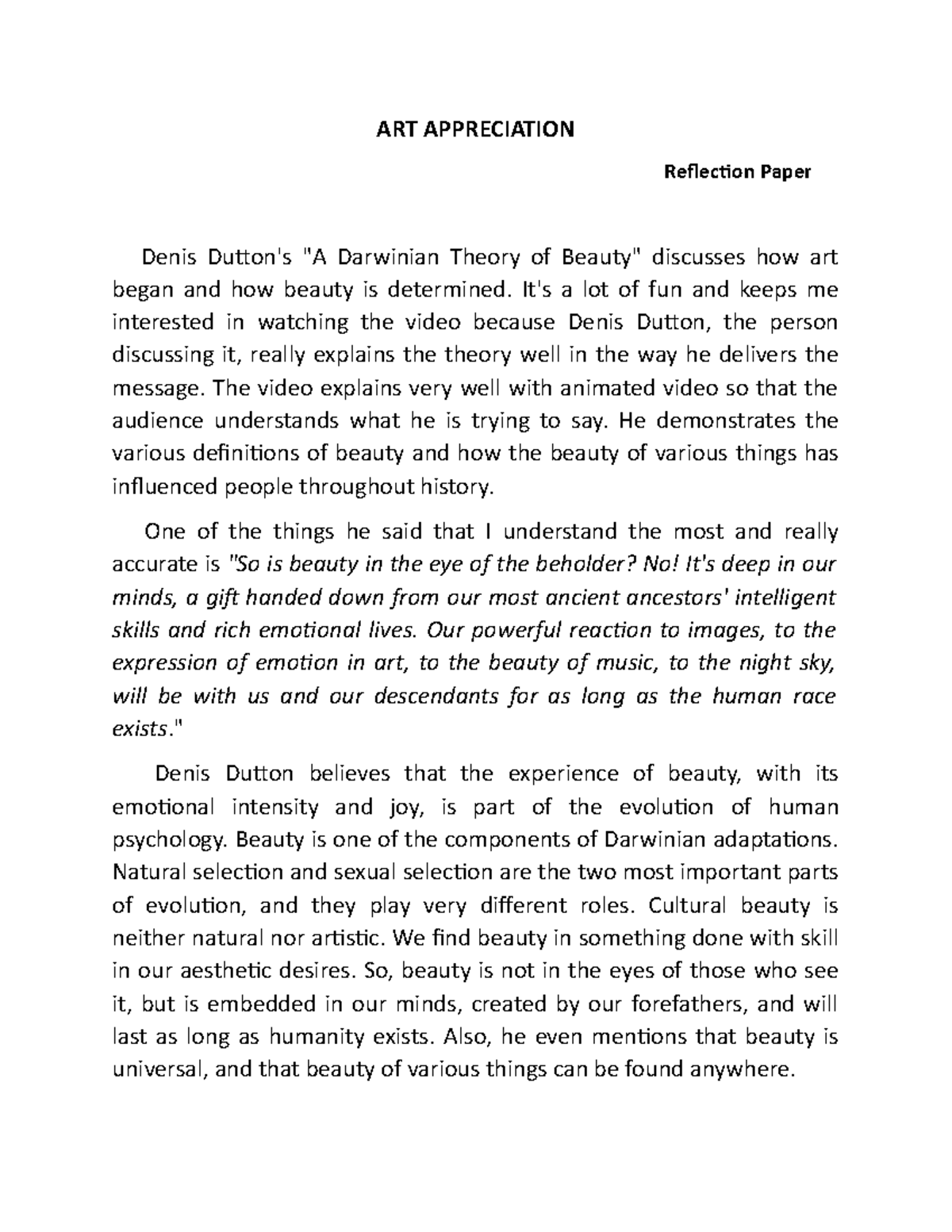ART Appreciation - ART APPRECIATION Reflection Paper Denis Dutton's "A ...