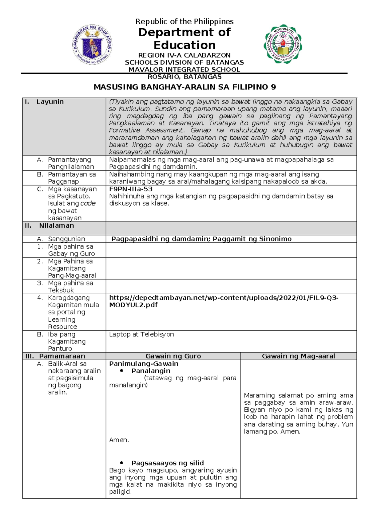 Pagpapasidhi-ng-damdamin - MASUSING BANGHAY-ARALIN SA FILIPINO 9 I. Layunin (Tiyakin ang ...