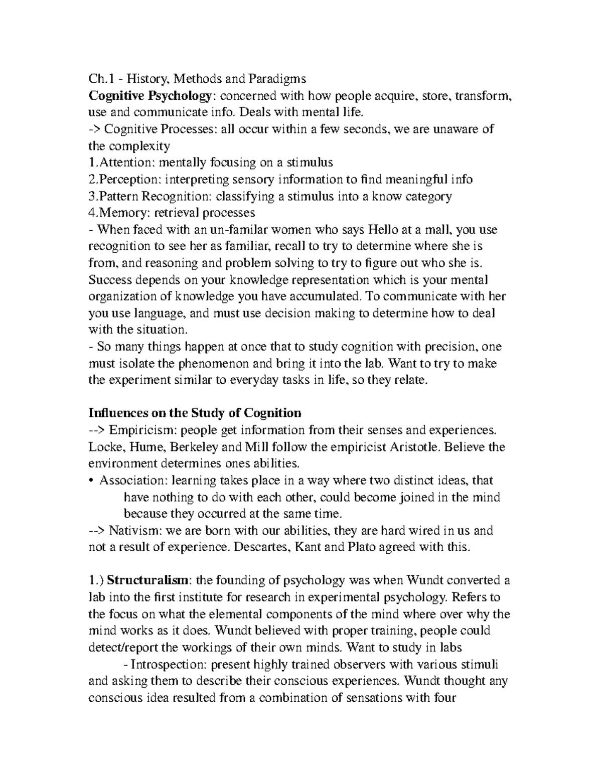 Summary Cognitive Psychology lecture 1-6 - Ch History, Methods and ...