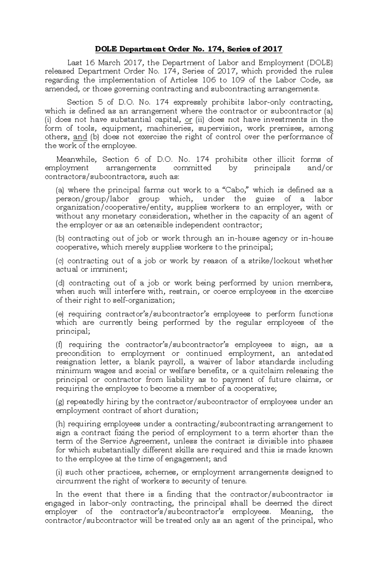 DOLE DO No. 174 (2017 ) - Labor - DOLE Department Order No. 174, Series ...