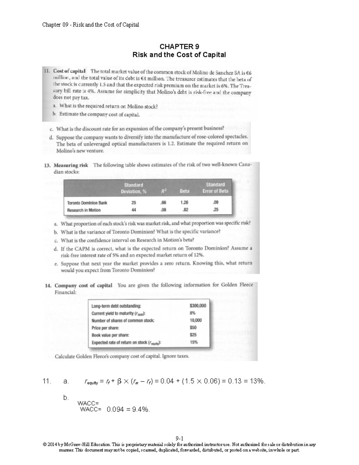 CFIA CH9 2023 exercises - Chapter 09 - Risk and the Cost of Capital CHAPTER 9 Risk and the Cost ...