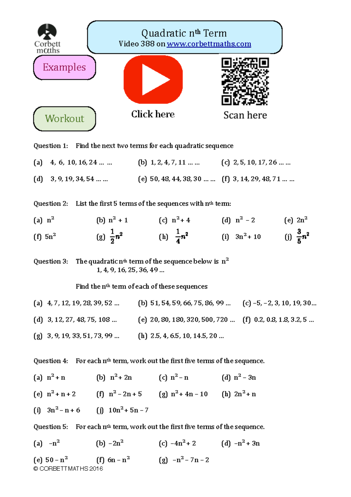 Quadratic nth Term pdf, for revision and to help with maths and physics ...