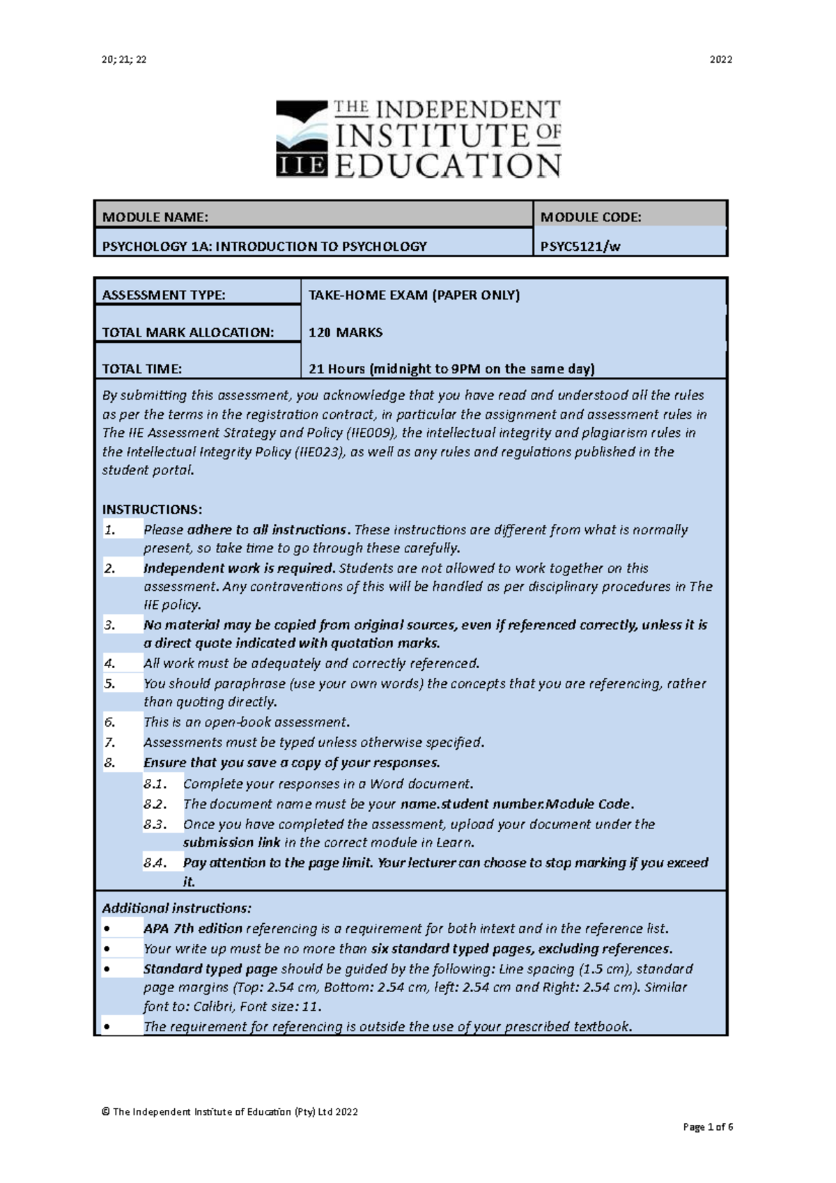 PSYC5121Ea THE - Semester 1 - MODULE NAME: MODULE CODE: PSYCHOLOGY 1A ...