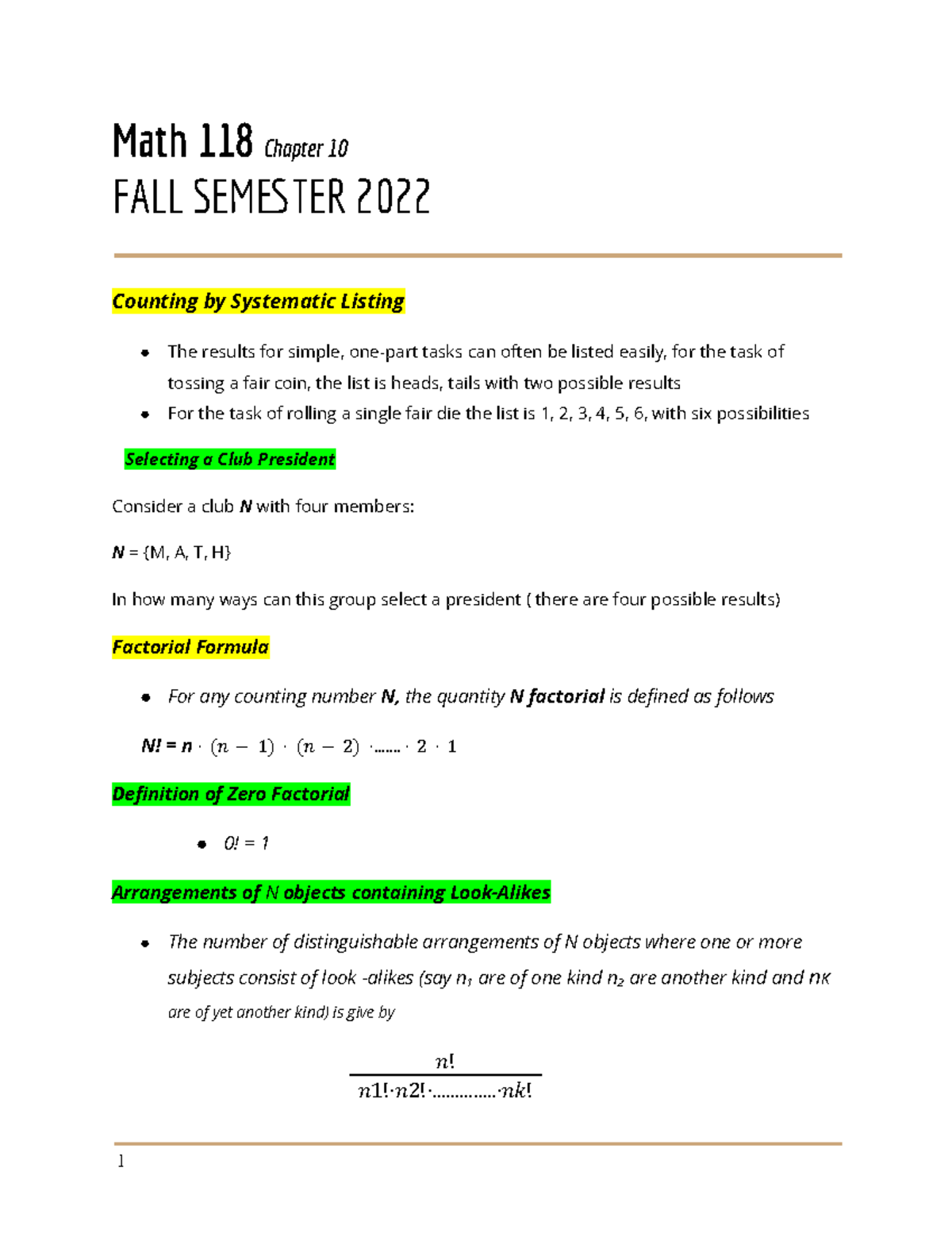 Class notes - Math 118 Chapter 10 FALL SEMTER 2022 Counting by ...