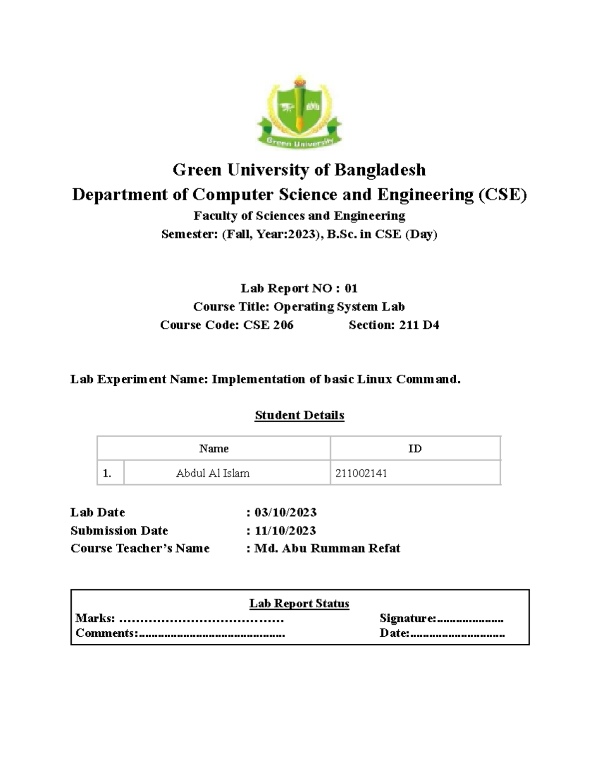 Basic linux command - Green University of Bangladesh Department of ...