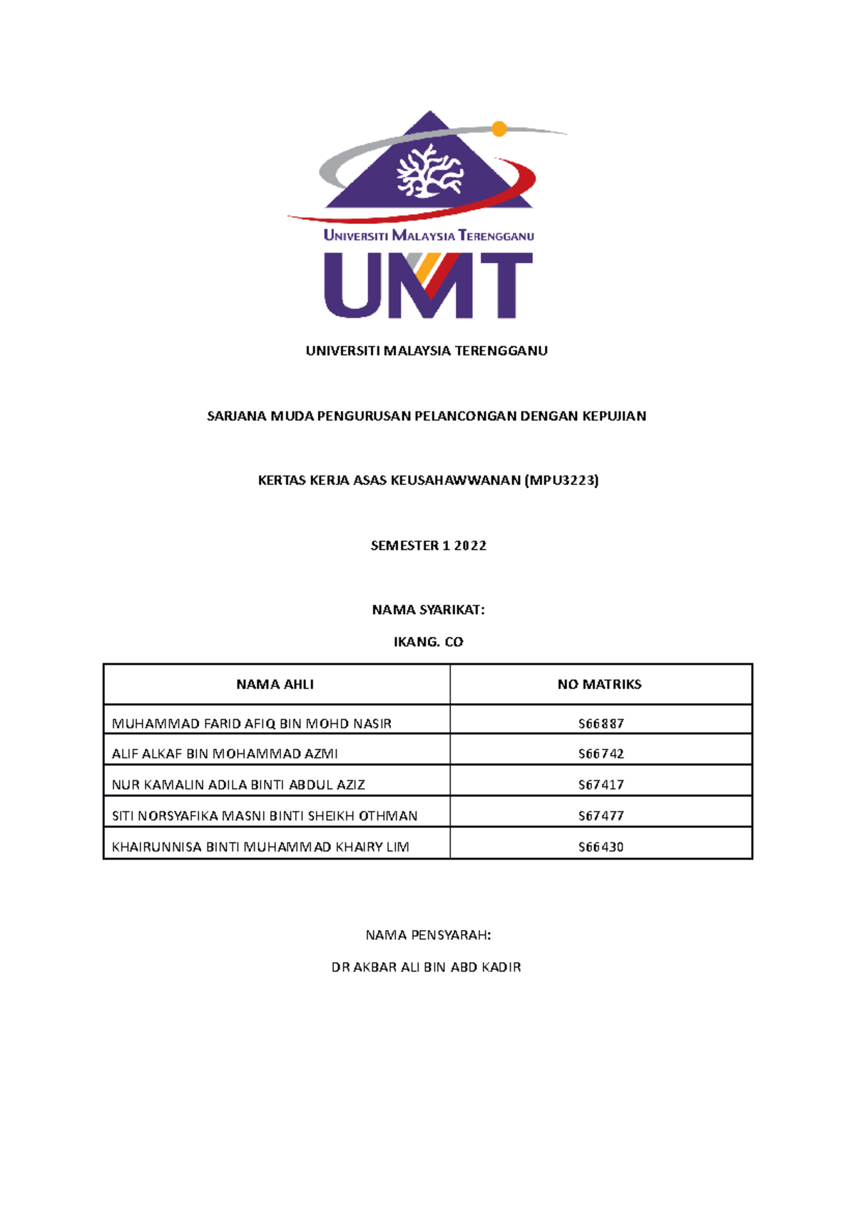 Ikang.CO - just simple report - UNIVERSITI MALAYSIA TERENGGANU SARJANA ...