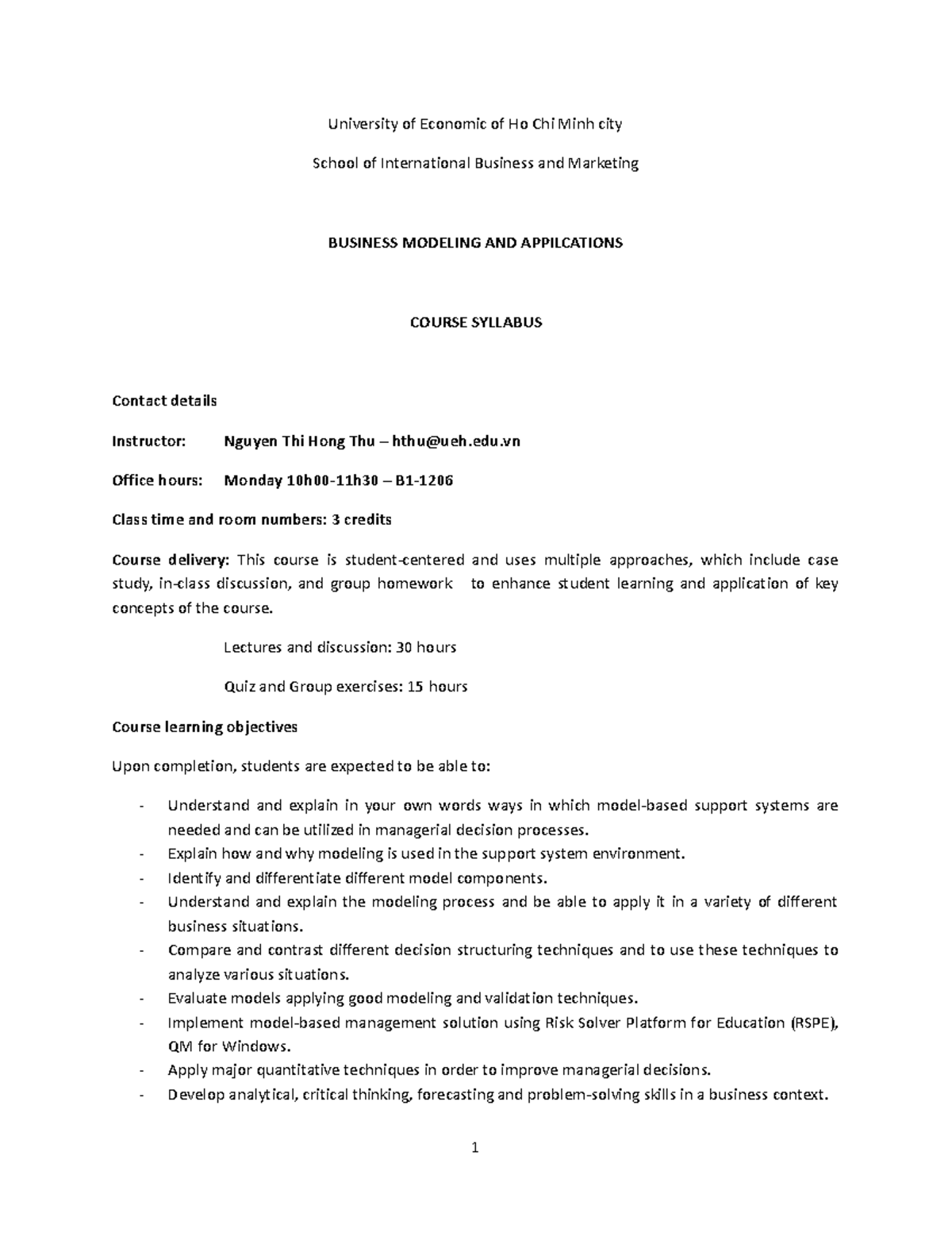 Nguyen THI HONG THU Business Modeling and Applications Syllabus AUG 2023 - University of ...