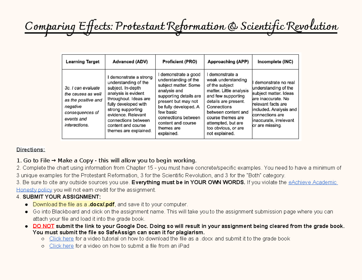 S1 WK 16 Comparison Chart (T3) - Comparing Effects: Protestant ...