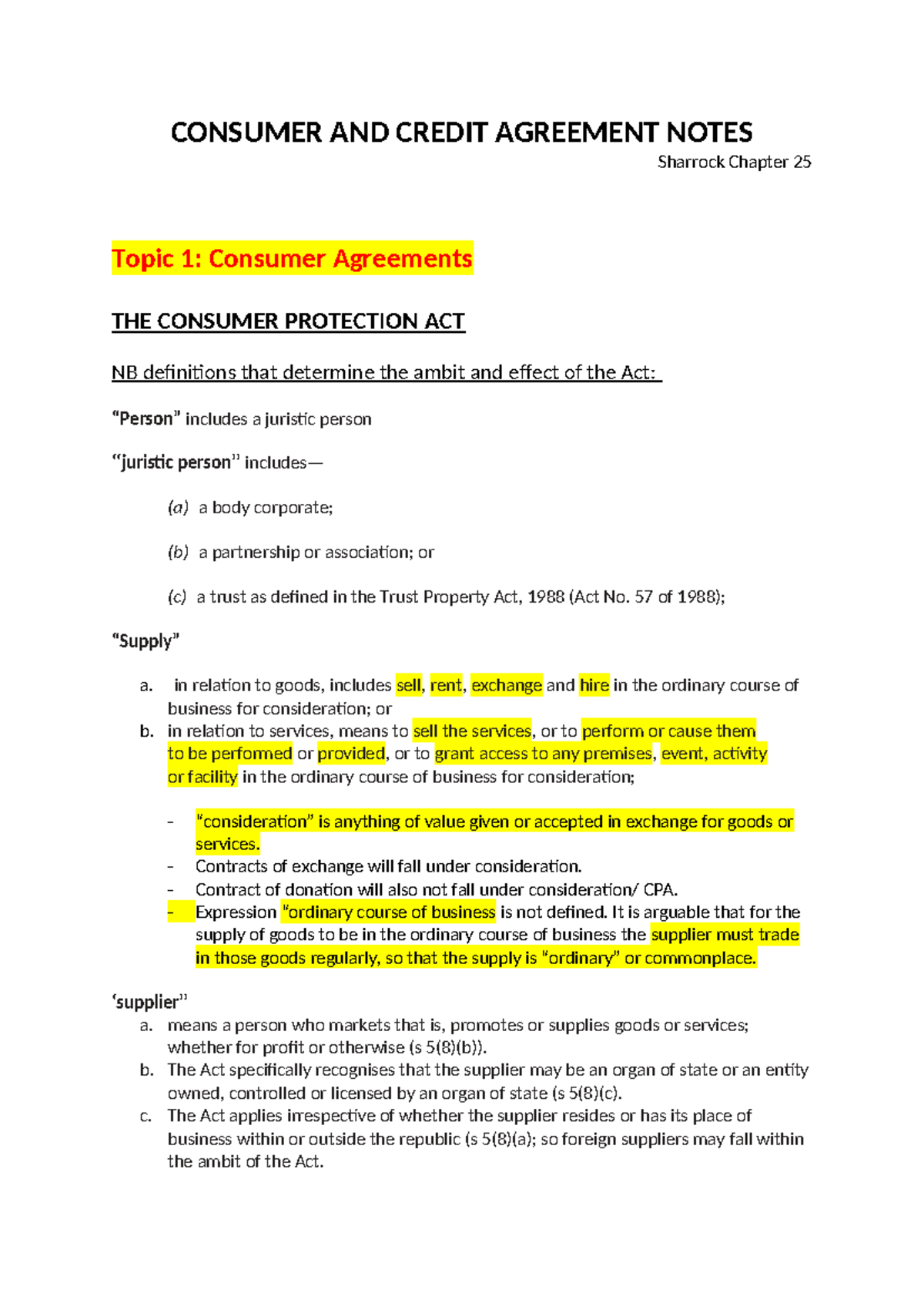 C&C Agreement notes - CONSUMER AND CREDIT AGREEMENT NOTES Sharrock ...