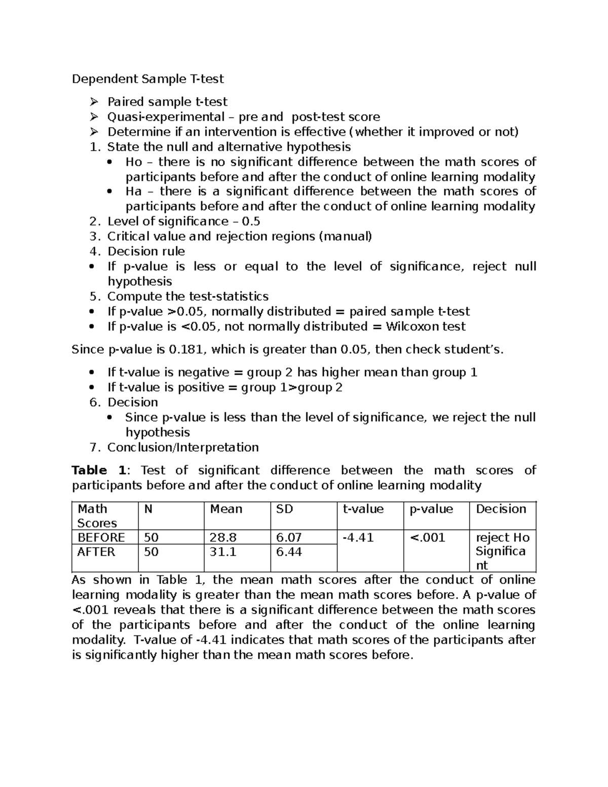 Notes dependent sample t-test - Dependent Sample T-test Paired sample t ...