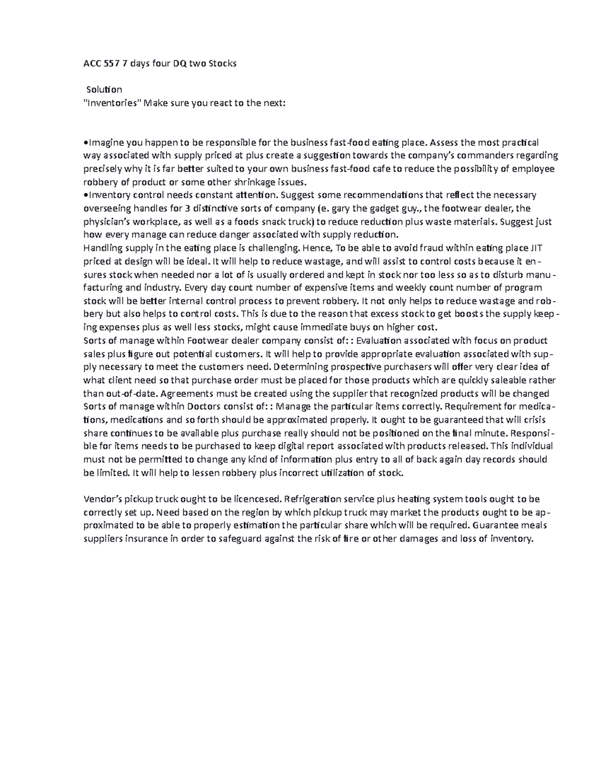 ACC 557 Week 4 DQ 2 Inventories - ACC 557 7 days four DQ two Stocks Solution "Inventories" - Studocu