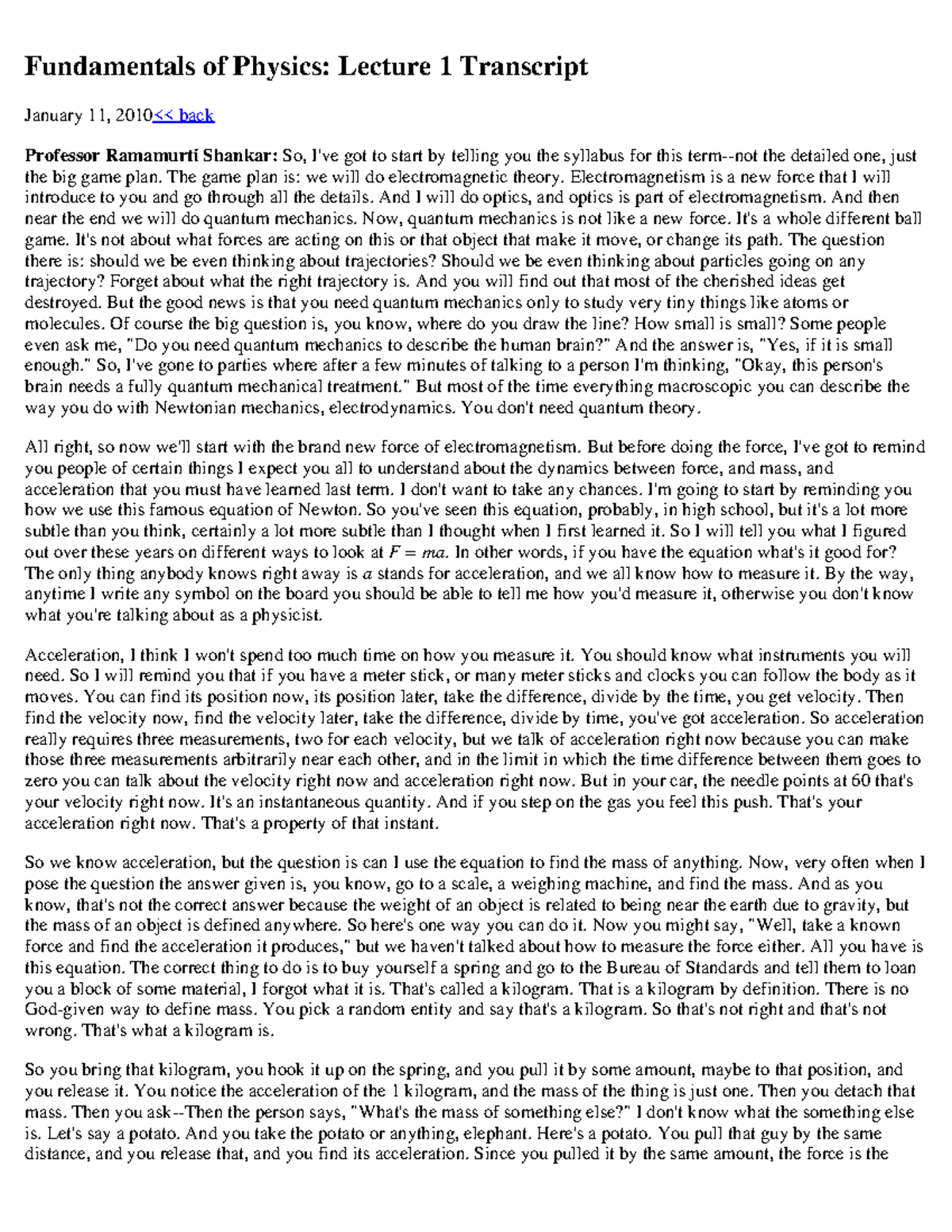 Undamentals of physics lecture 1 - 8 transcript - Fundamentals of ...