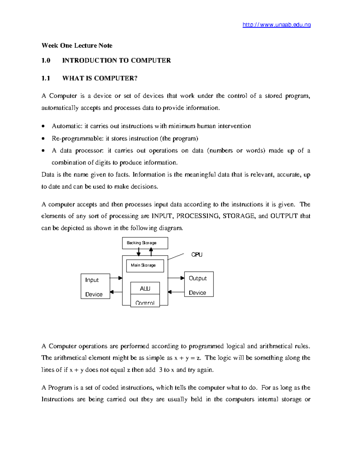 Introduction TO Computers - Week One Lecture Note 1 INTRODUCTION TO COMPUTER 1 WHAT IS COMPUTER ...