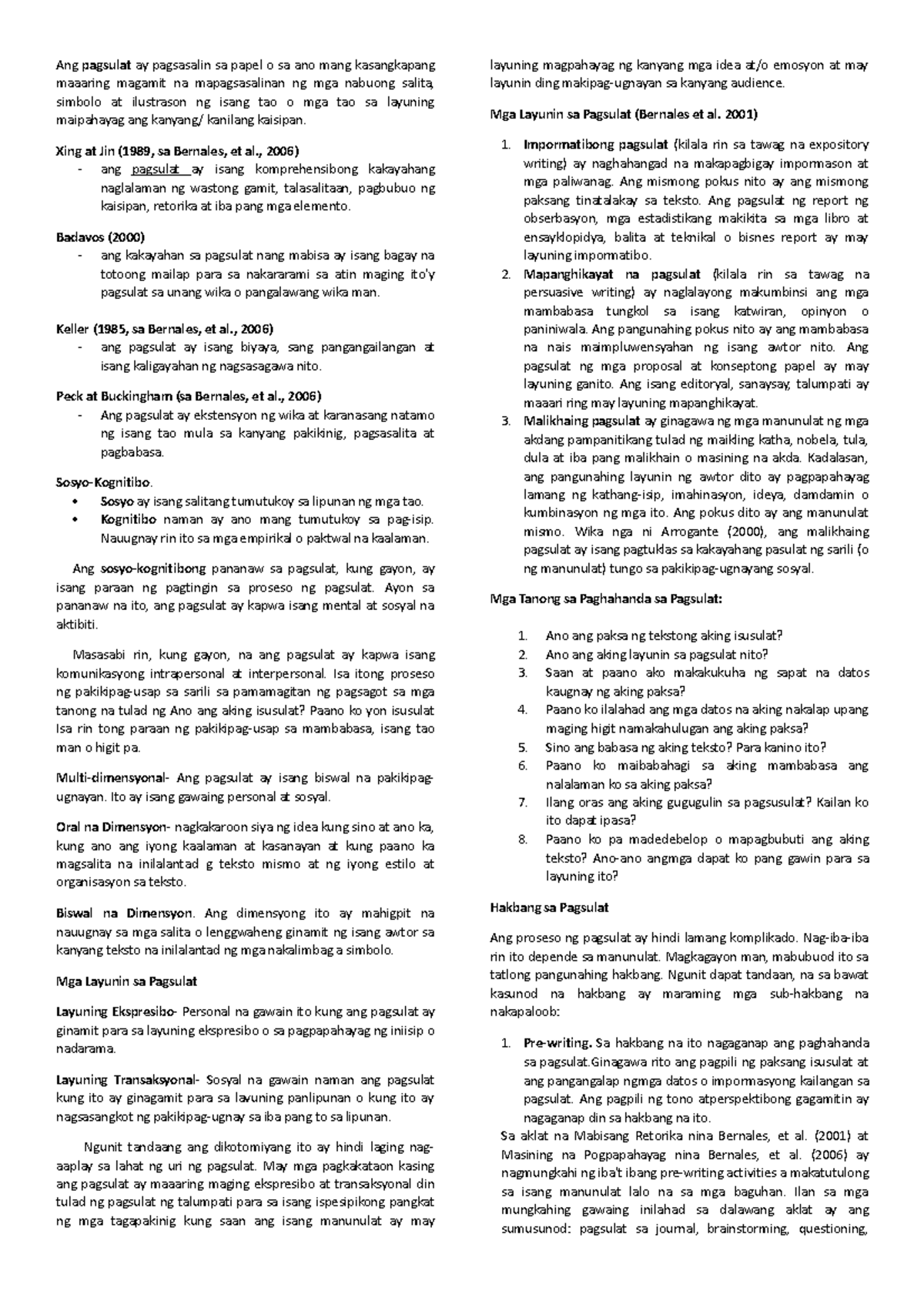 Filipino 2 reviewer - Ang pagsulat ay pagsasalin sa papel o sa ano mang ...