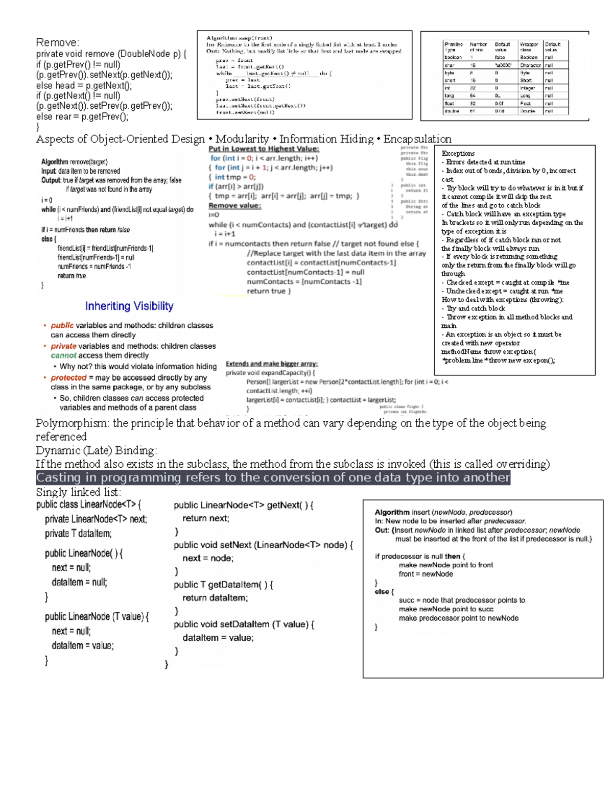 cheatsheet midterm - Remove: private void remove (DoubleNode p) { if (p() != null) - Studocu
