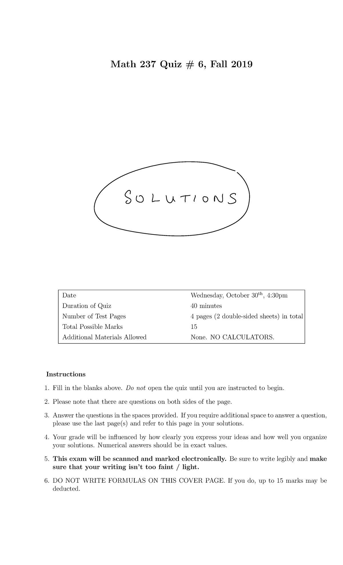 Quiz 6 September 2019, answers - Math 237 Quiz # 6, Fall 2019 Date ...