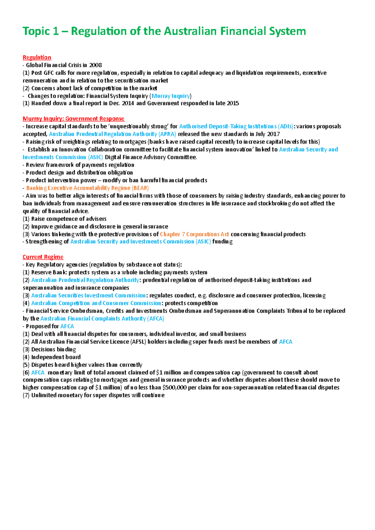 Banking and Finance Law - Exam Notes - Topic 1 – Regulation of the ...