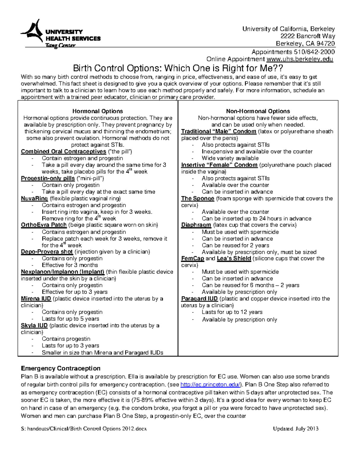 Birth Control Handout - Lecture notes first section - University of ...