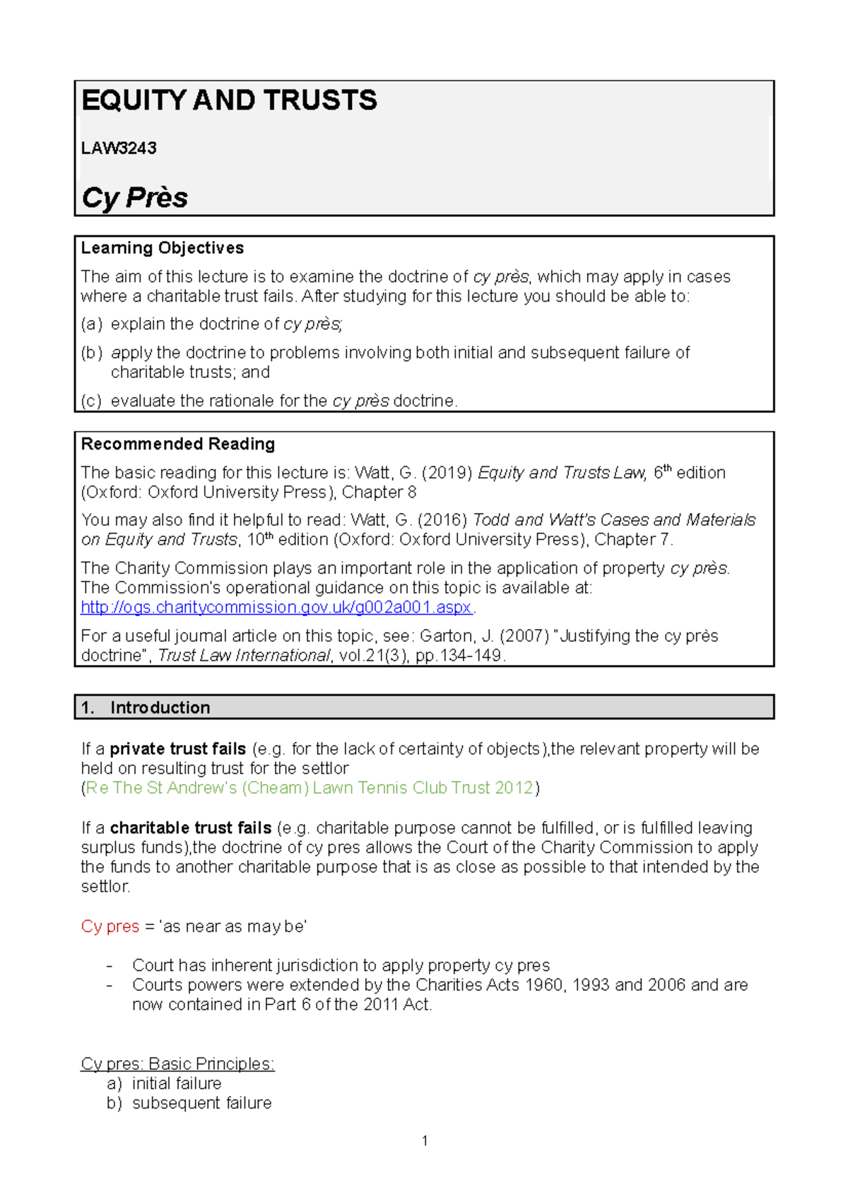 9 - Cy Pres - Lecture notes 9 - EQUITY AND TRUSTS LAW Cy Près Learning ...