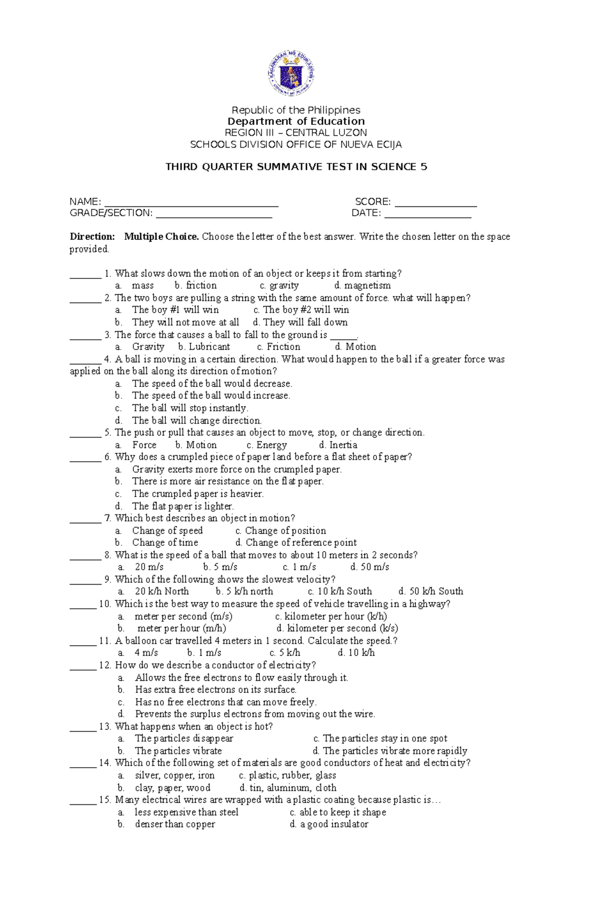 Grade 5 Science-Regular - Republic of the Philippines Department of ...