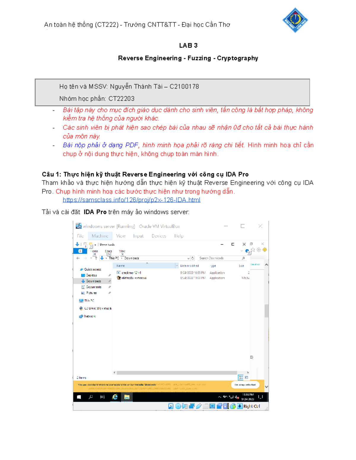 C2100178 ATHT Lab3 - an toàn hệ thống - LAB 3 Reverse Engineering - Fuzzing - Cryptography Họ ...
