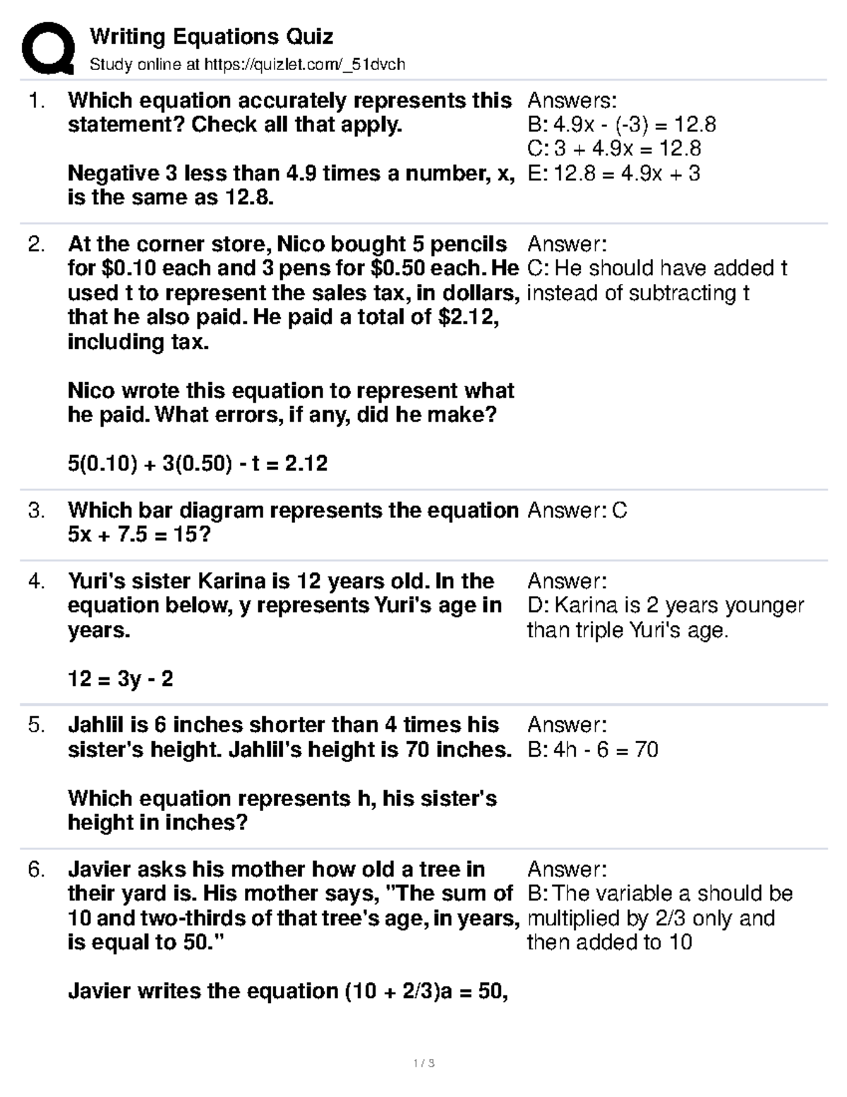 Writing Equations Quiz - Writing Equations Quiz Study online at quizlet ...