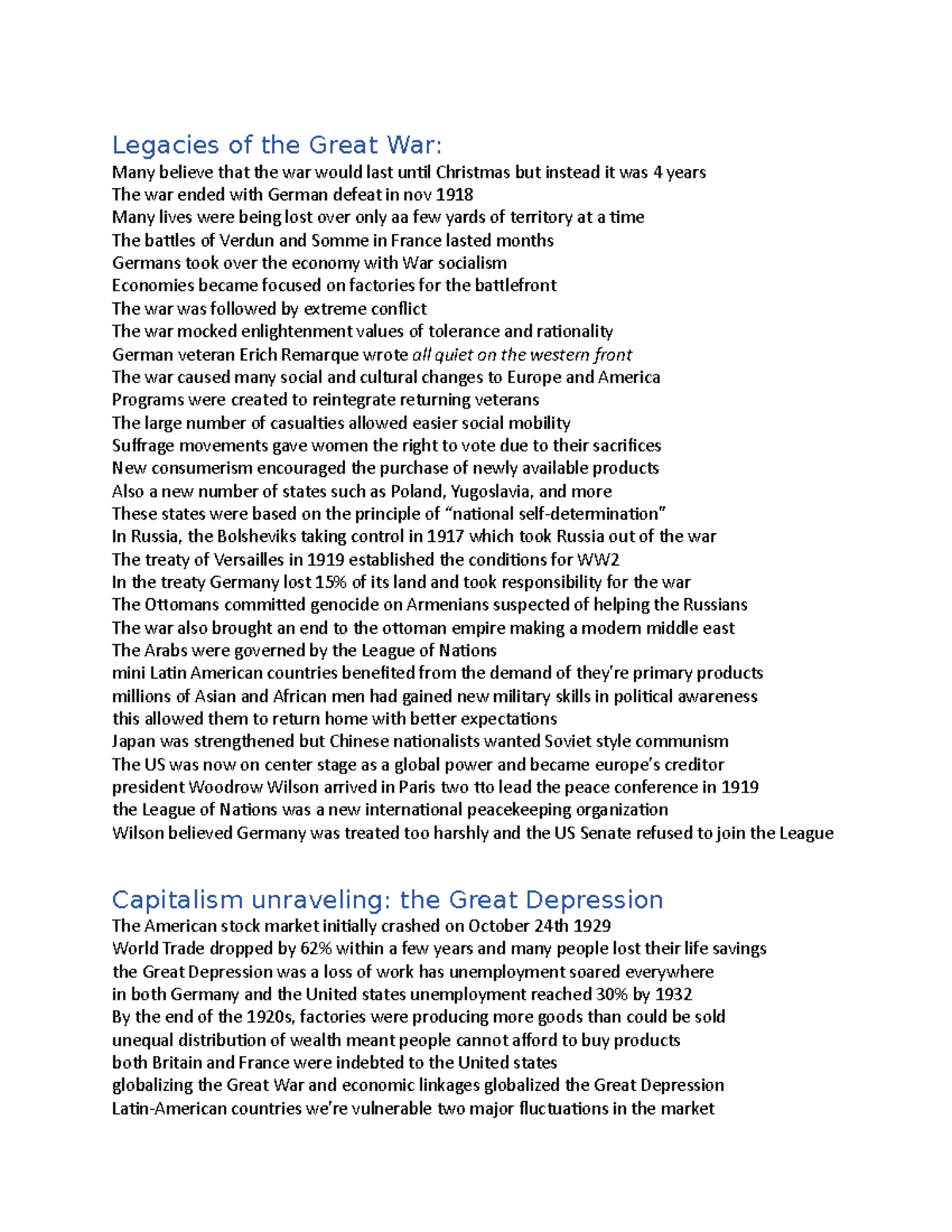 Chapter 20 - Study Guide - Legacies of the Great War: Many believe that ...