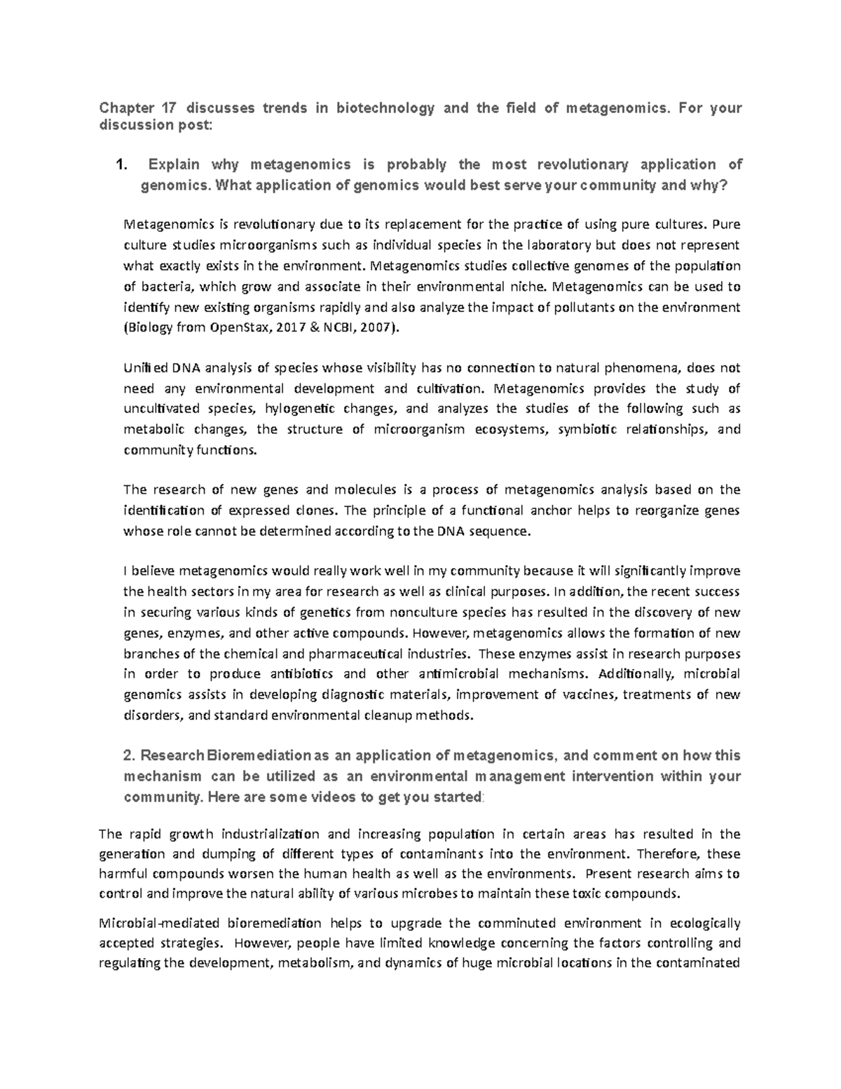BIOL 1121 Discussion Forum UNIT 8 - Chapter 17 discusses trends in ...