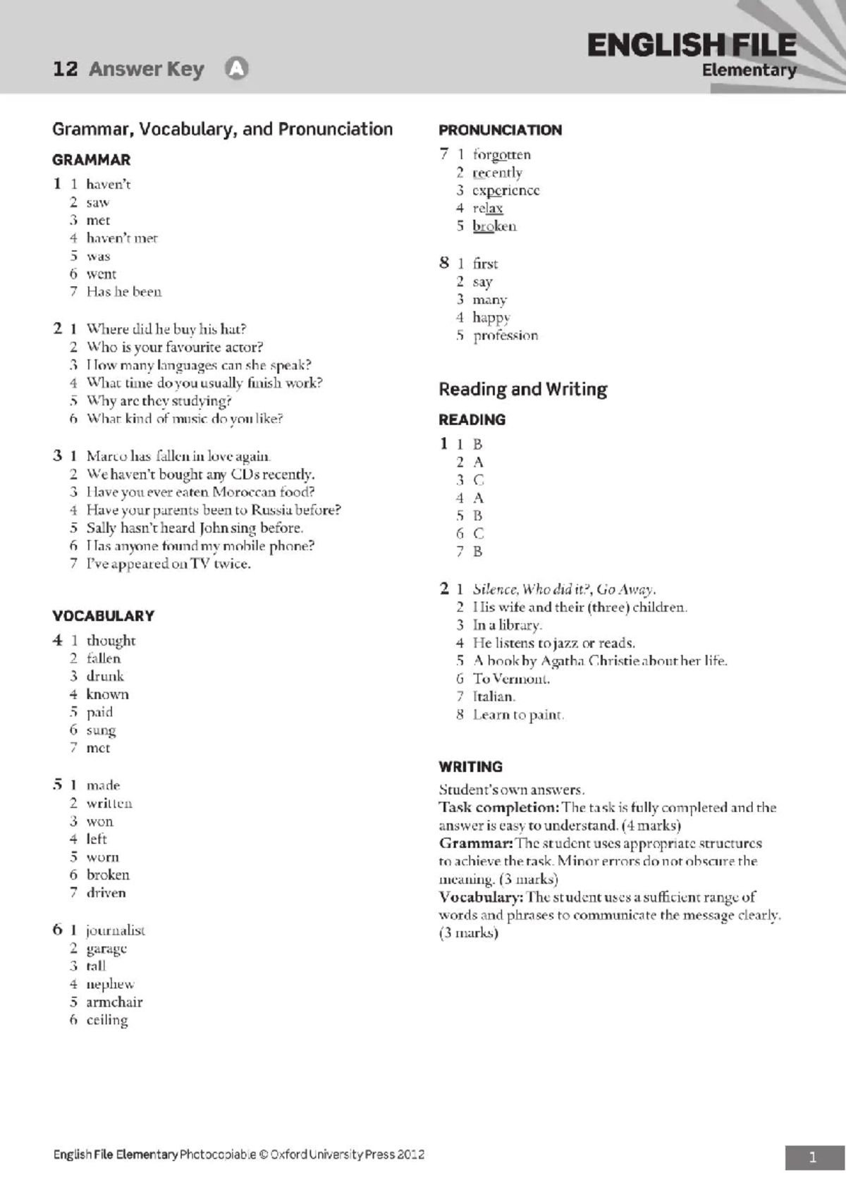 EF4e Elementary 12AB answer sheet - engineering - Studocu