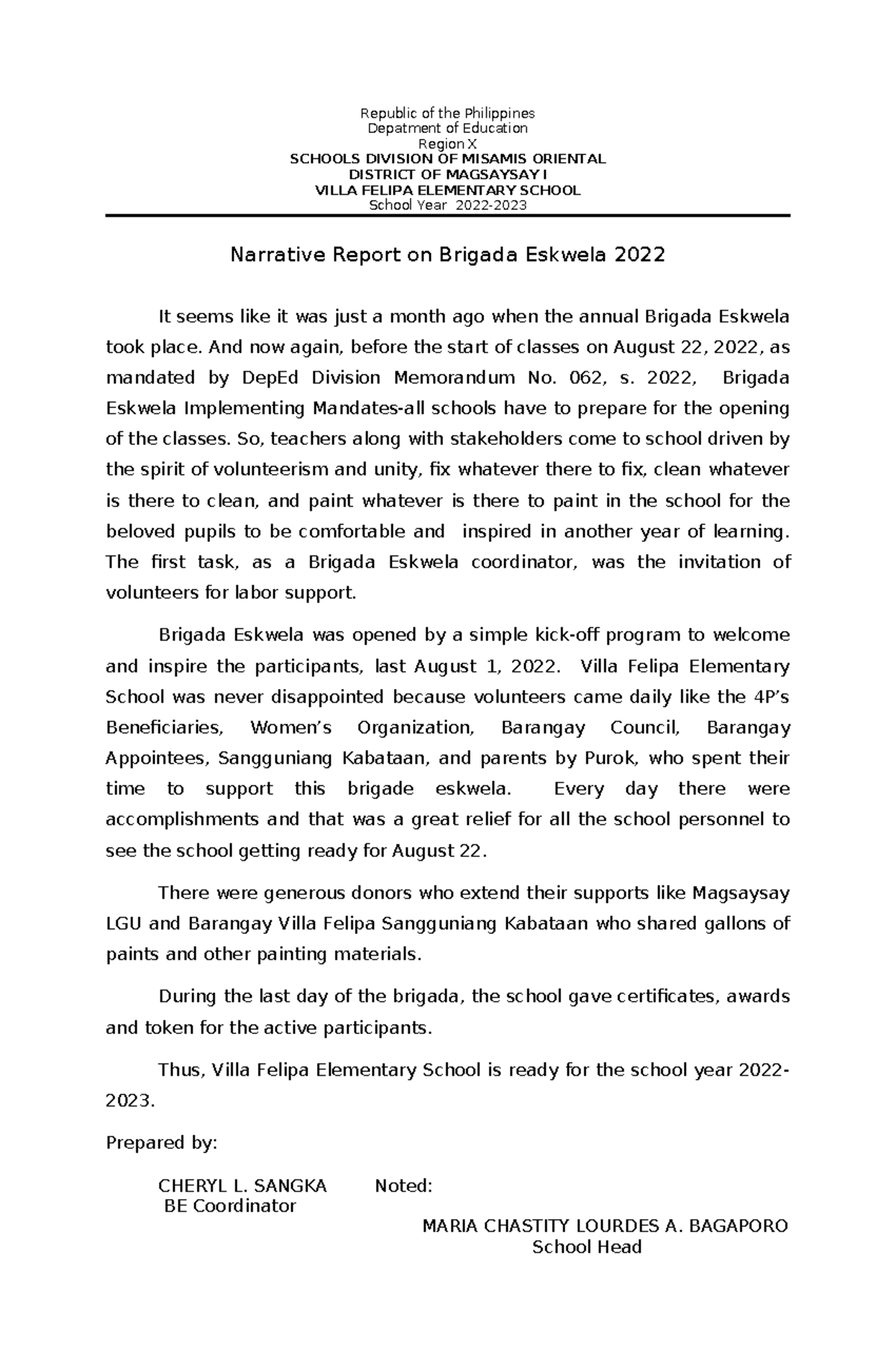 Narrative report - essays - Republic of the Philippines Depatment of ...