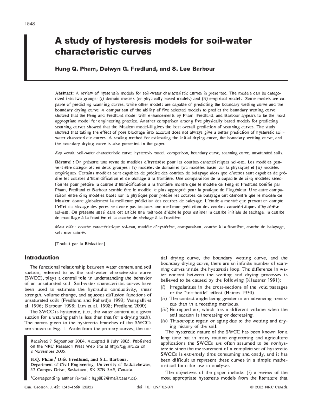 T05-071 - A study of hysteresis models for soil-water characteristic ...