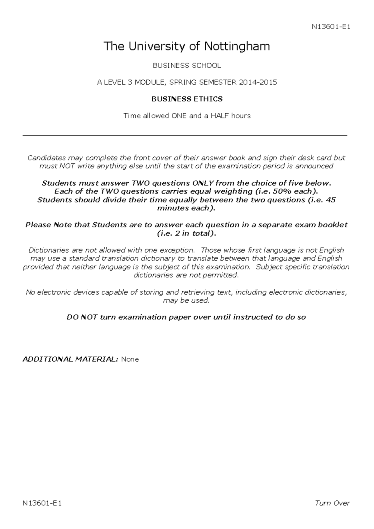 Exam June 2015, Questions - The University of Nottingham BUSINESS SCHOOL A LEVEL 3 MODULE ...