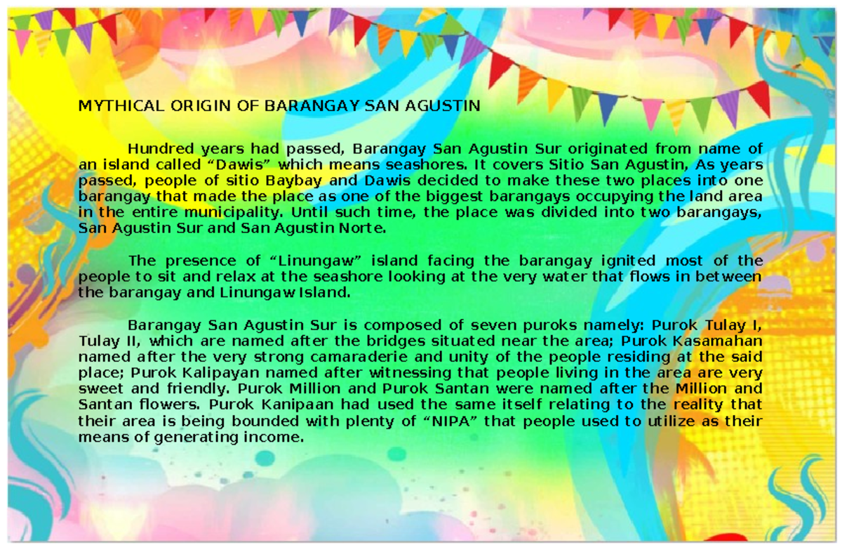 1 - origin - MYTHICAL ORIGIN OF BARANGAY SAN AGUSTIN Hundred years had ...