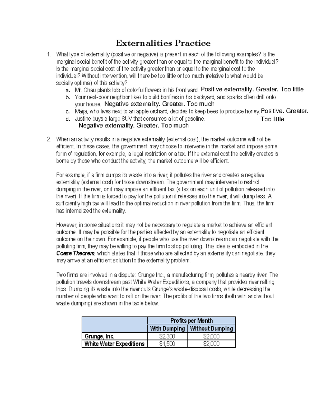 Externalities Practice - Externalities Practice What type of ...