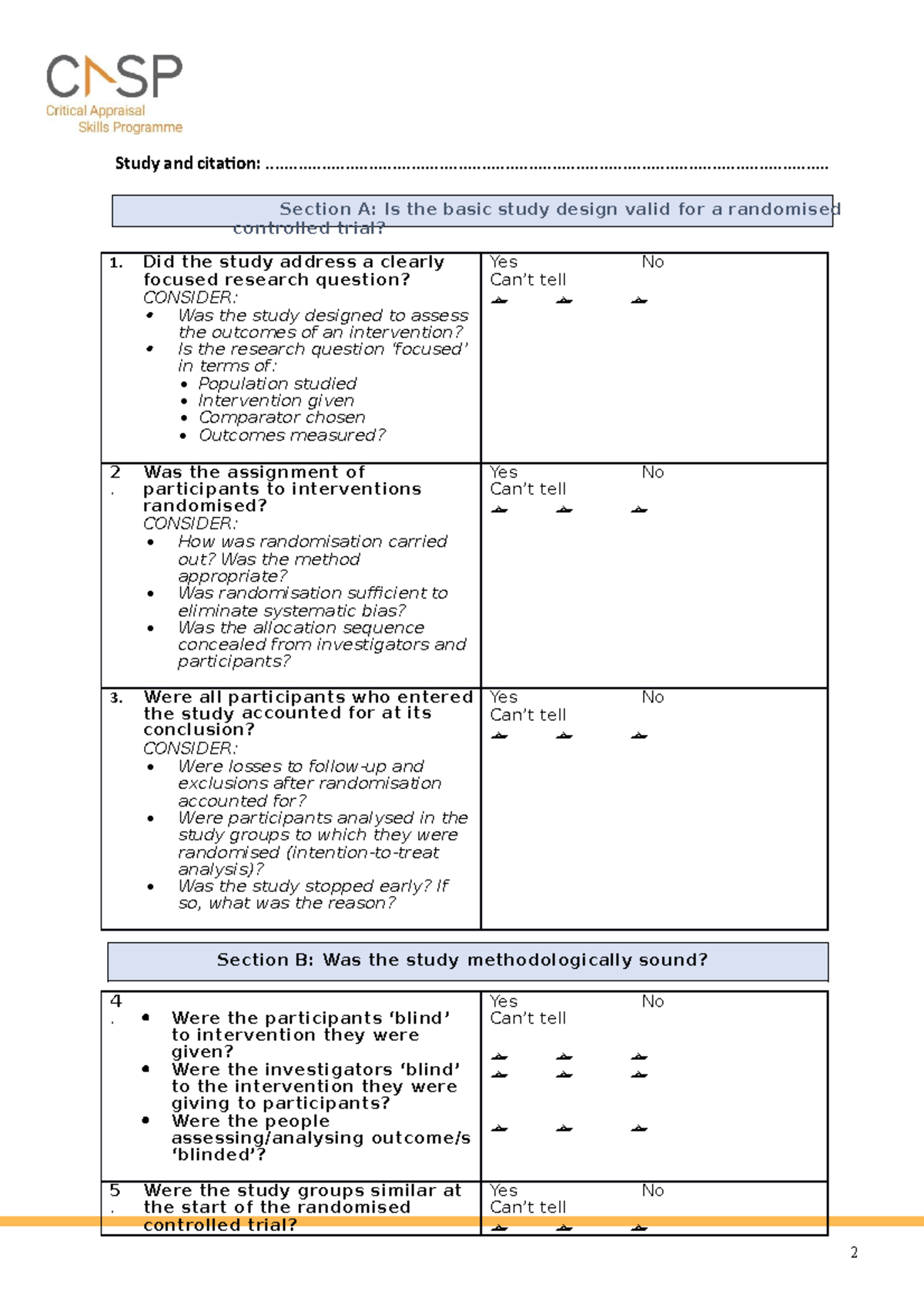 CASP appraisal tool for RCTs - Study and citation: - Studocu
