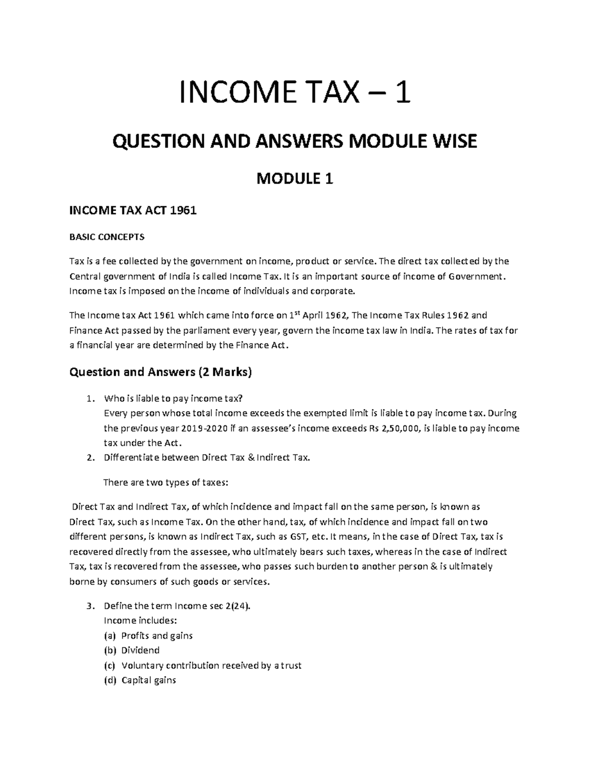 Income tax - INCOME TAX – 1 QUESTION AND ANSWERS MODULE WISE MODULE 1 ...
