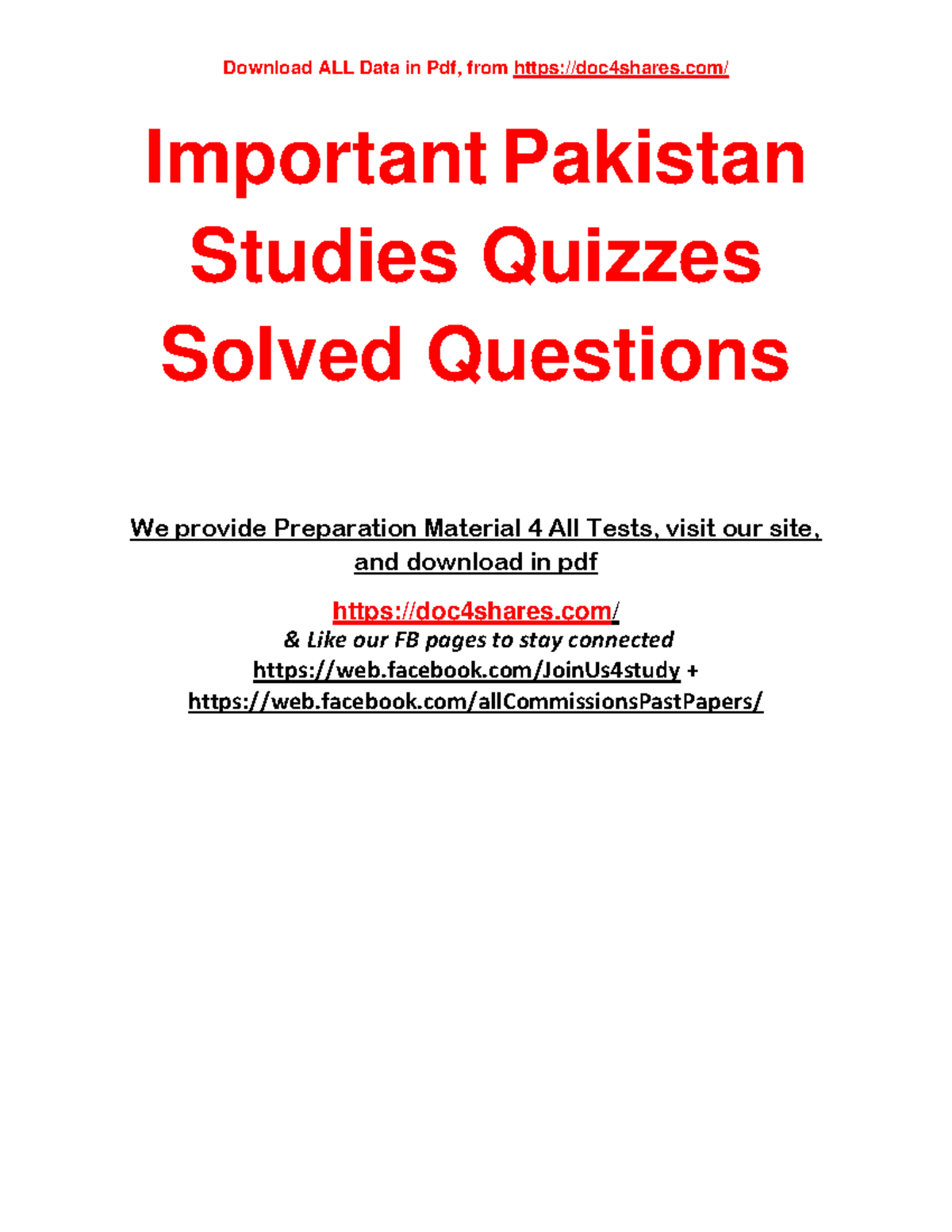 Important Pakistan Studies Quizzes Solved Questions - Management ...