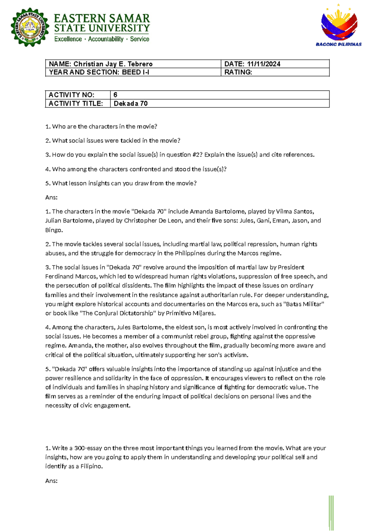 Activity-template - NAME: Christian Jay E. Tebrero DATE: 11/11/ YEAR ...