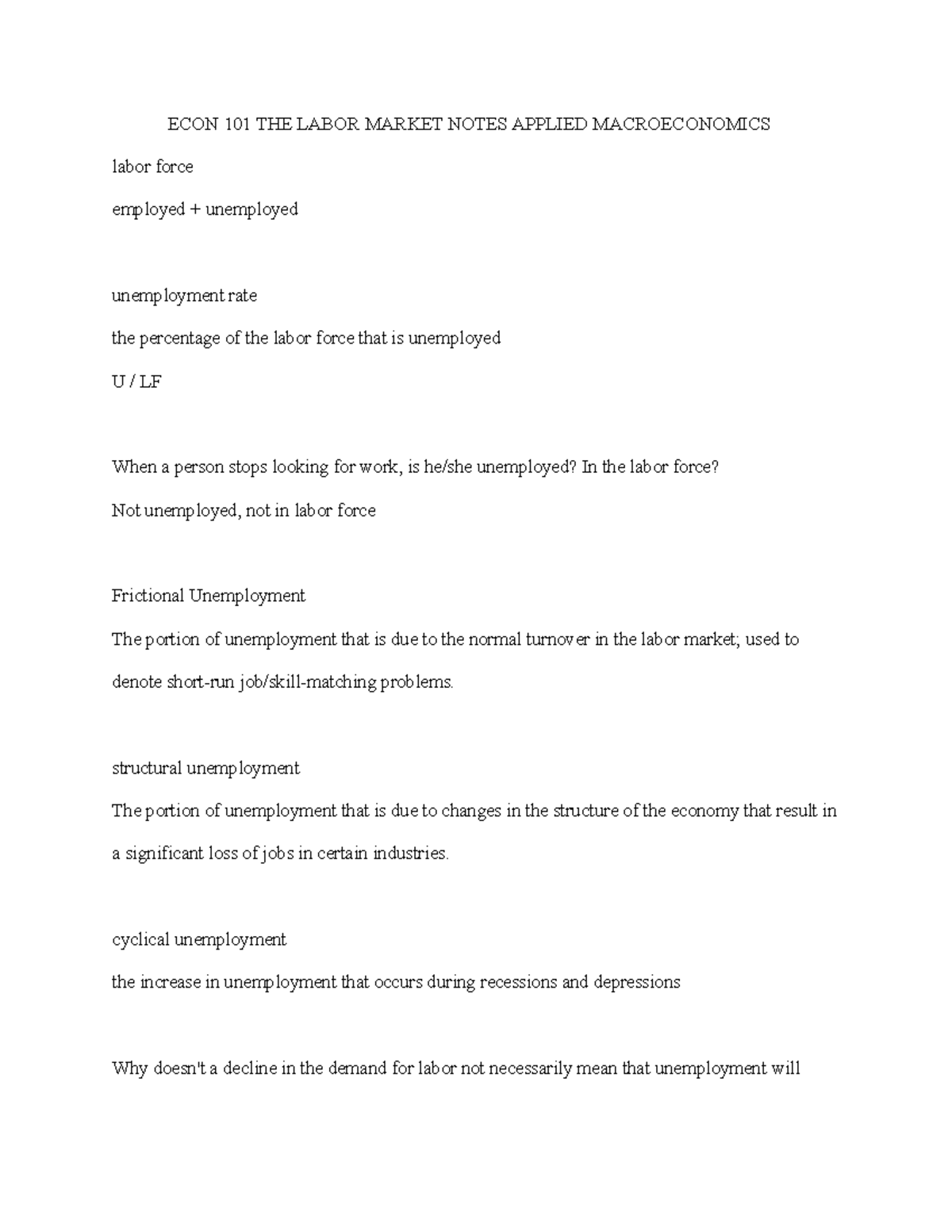 ECON 101 THE Labor Market Notes Applied Macroeconomics - ECON 101 THE ...