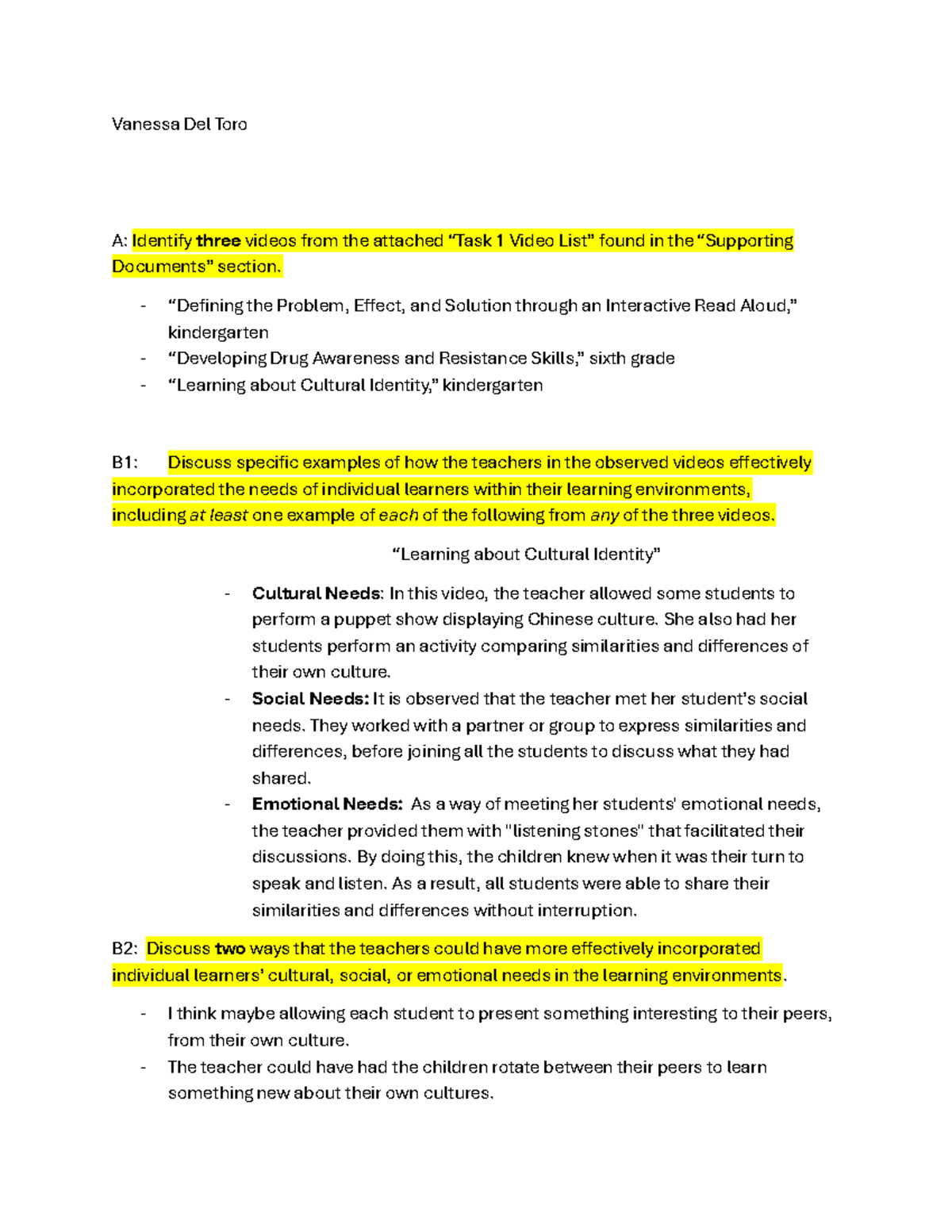 D090 Task 1 - TASK 1 - Vanessa Del Toro A: Identify three videos from ...