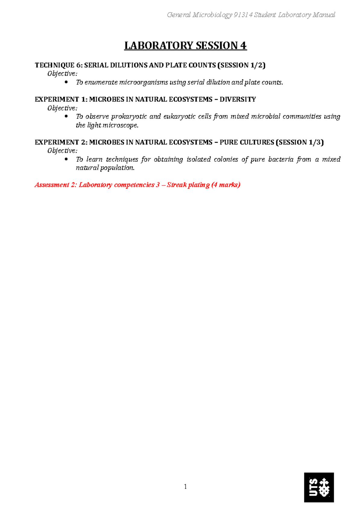 Gen Micro Lab Session 4 Student Worksheet 2022 - LABORATORY SESSION 4 TECHNIQUE 6: SERIAL ...
