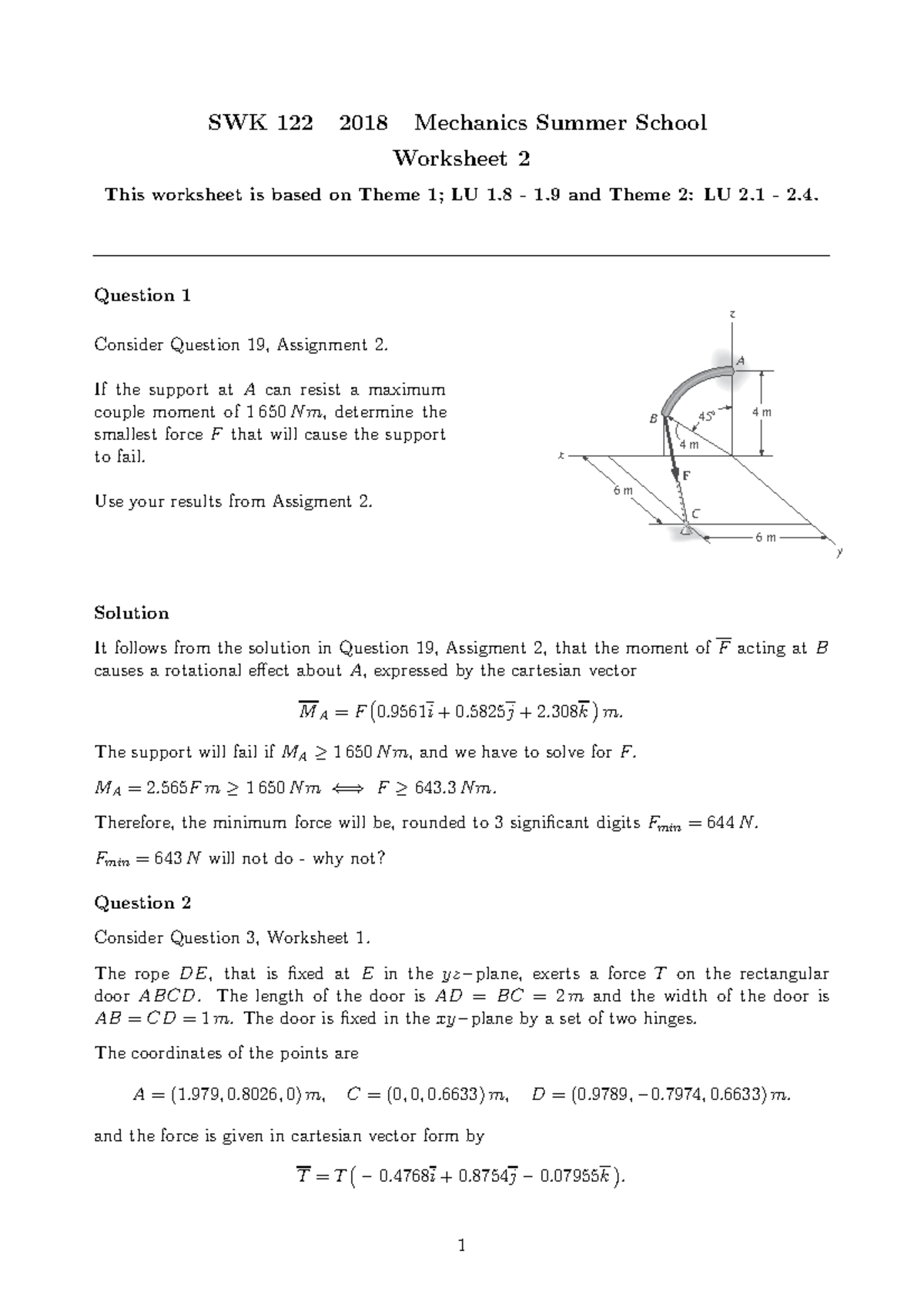 Worksheet 2 and solutions - SWK 122 2018 Mechanics Summer School ...