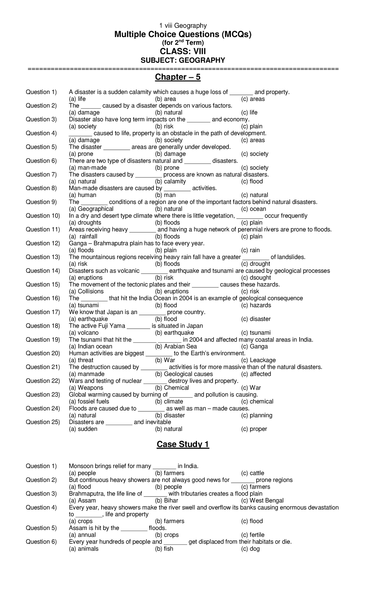Class 8 Geography Lecture Notes 1 Multiple Choice Questions MCQs