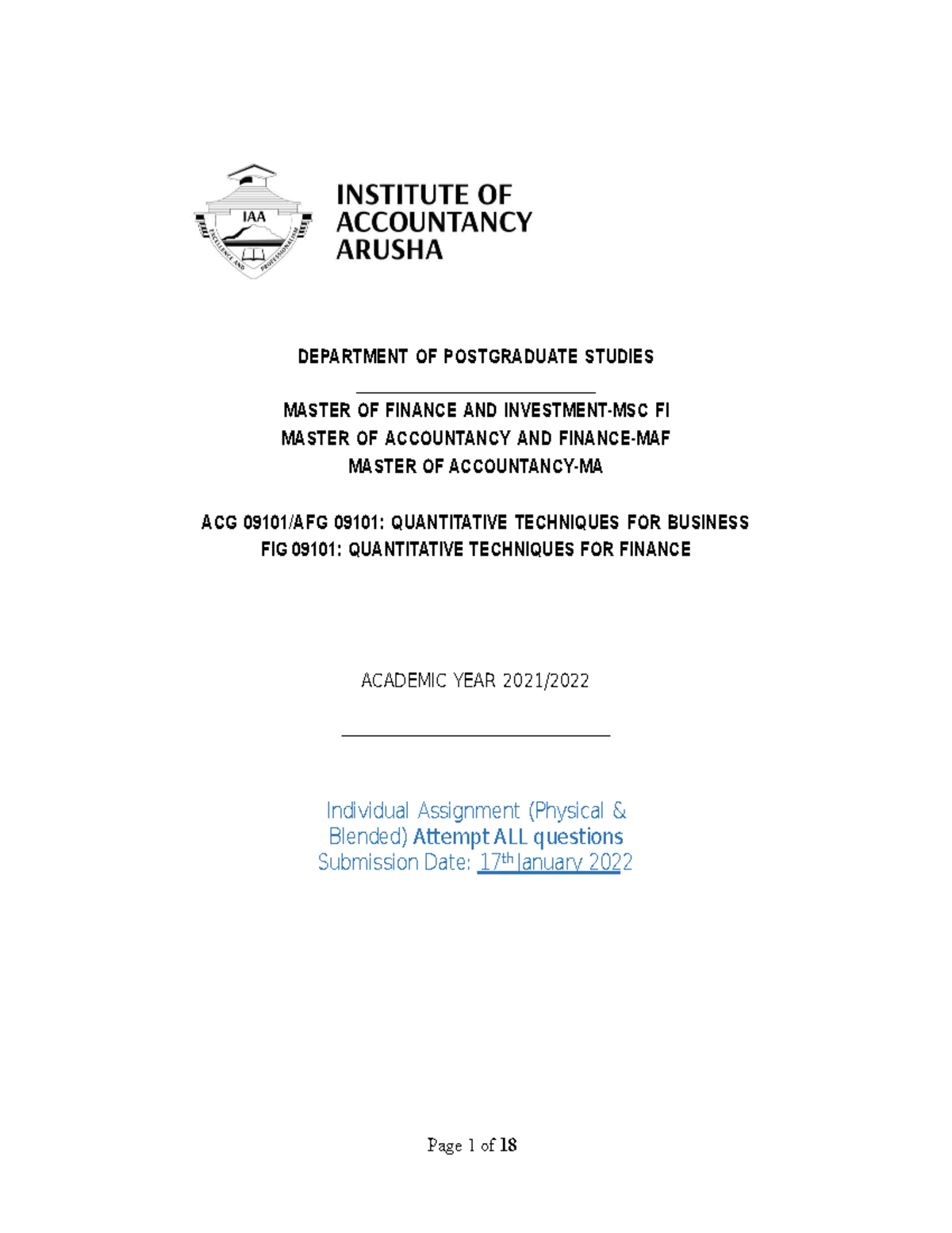 Assignment ONE Quantitative Techniques 2021-2022 - Page 1 of 18 ...