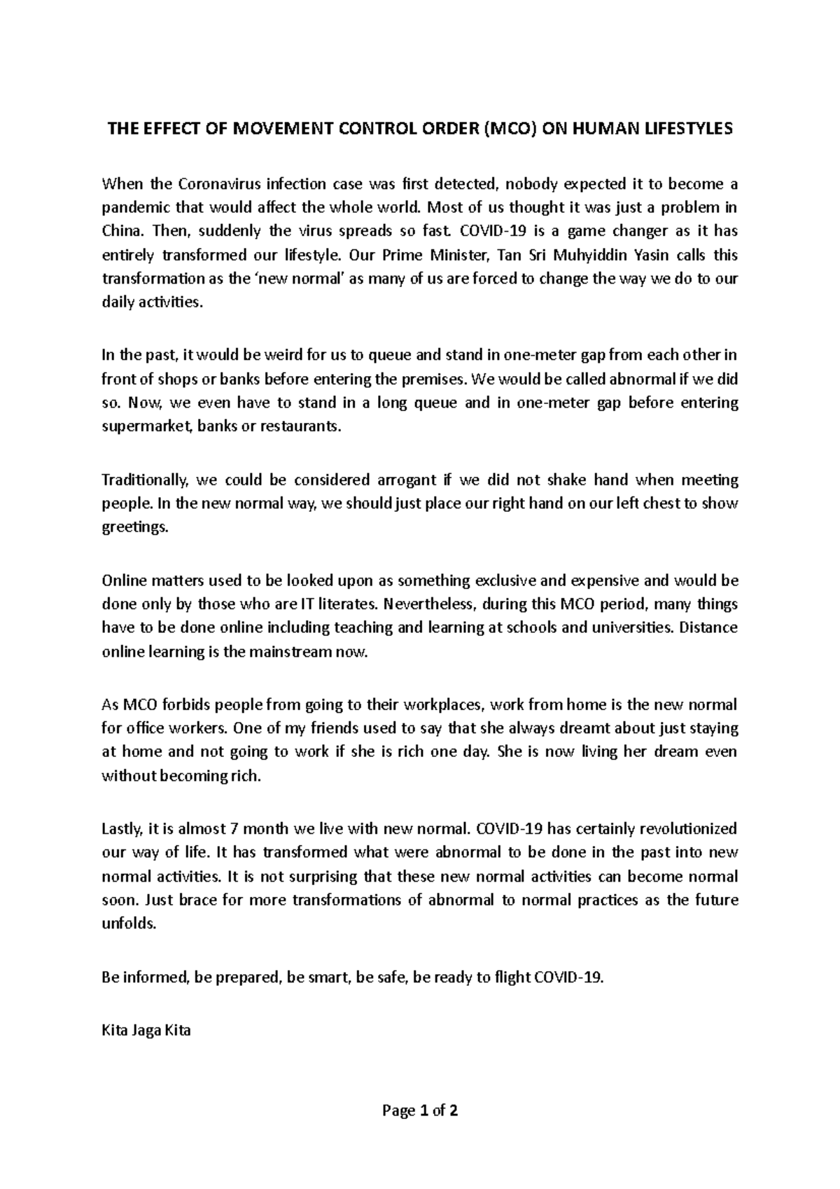 UHLB1112 - The Effect of MCO on Human Lifestyles - THE EFFECT OF ...