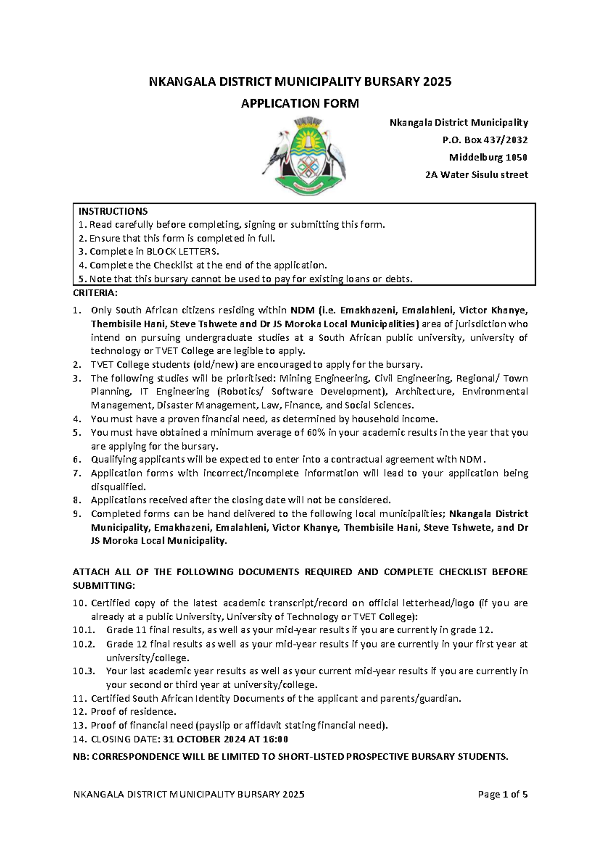 Nkangala District Municipality Bursary Application Form 2025 - NKANGALA ...
