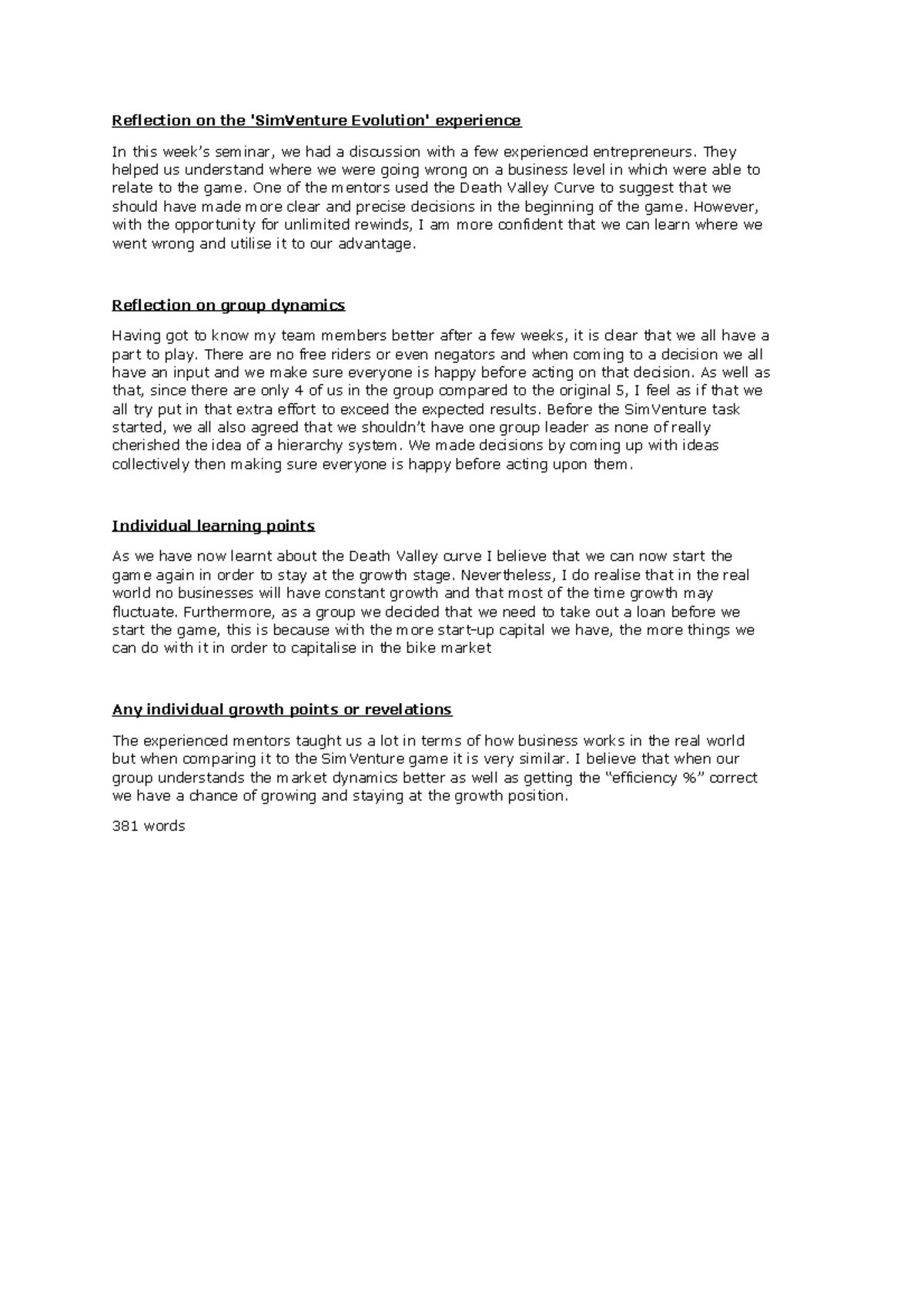 ILB Template 2 - Reflection on the 'SimVenture Evolution' experience In ...