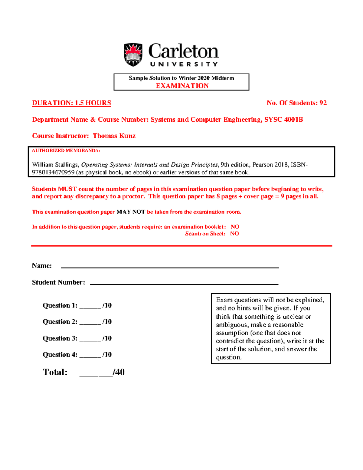 Midterm Winter 2020Sol - Sample Solution to Winter 2020 Midterm EXAMINATION DURATION: 1 HOURS No ...