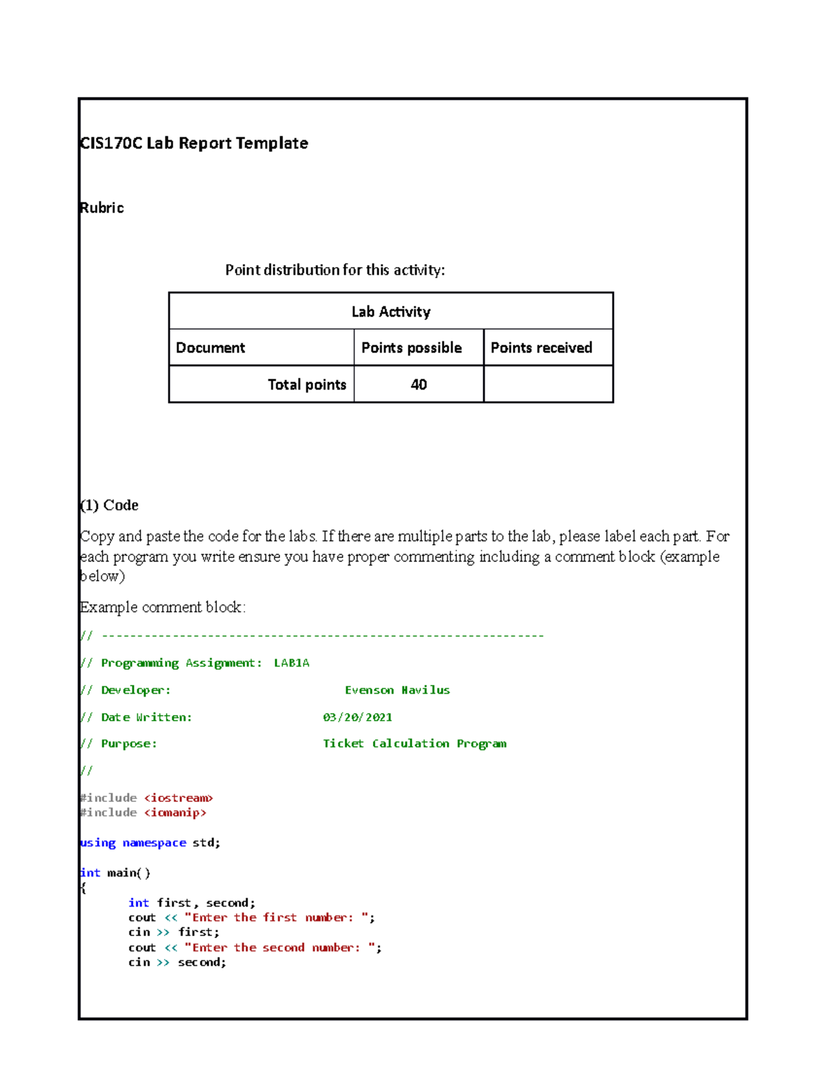 CIS170Lab Report Template (2) - CIS170C Lab Report Template Rubric Point distribution for this ...