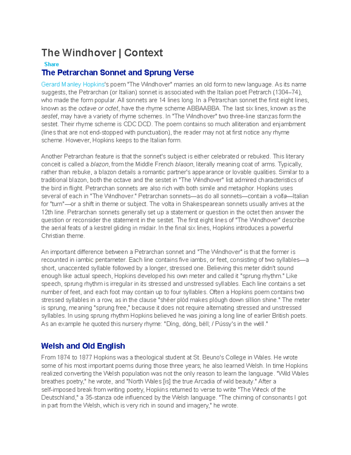 The Windhover Context - Summary English Literature - The Windhover ...